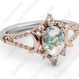 Moon of My Life Ring, Moss Agate Moon Engagement Ring, Triple Goddess ...