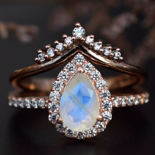 Moonstone Engagement Ring Set Pear Shaped 14k Gold Moonstone | Etsy