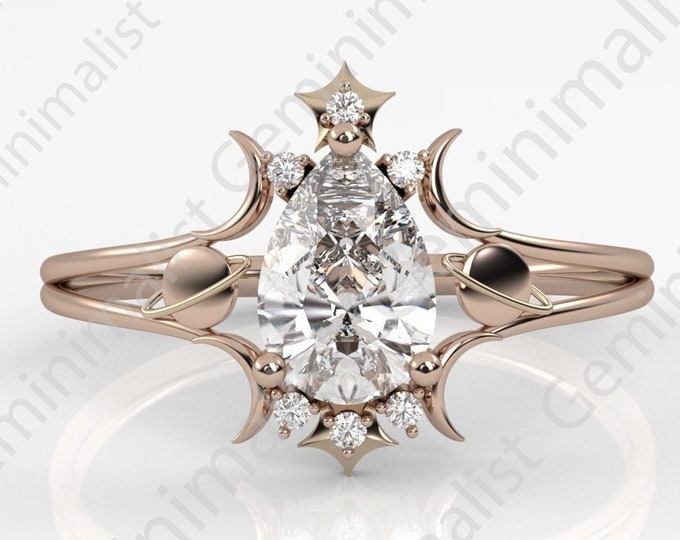 1 CT Pear Cut Moissanite Engagement Ring/ Moissanite Triple Moon Claw ...