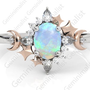 Opal Engagement Ring, Triple Moon Ring, Witchy Wedding Ring, Celestial Ring, Australian Opal ...
