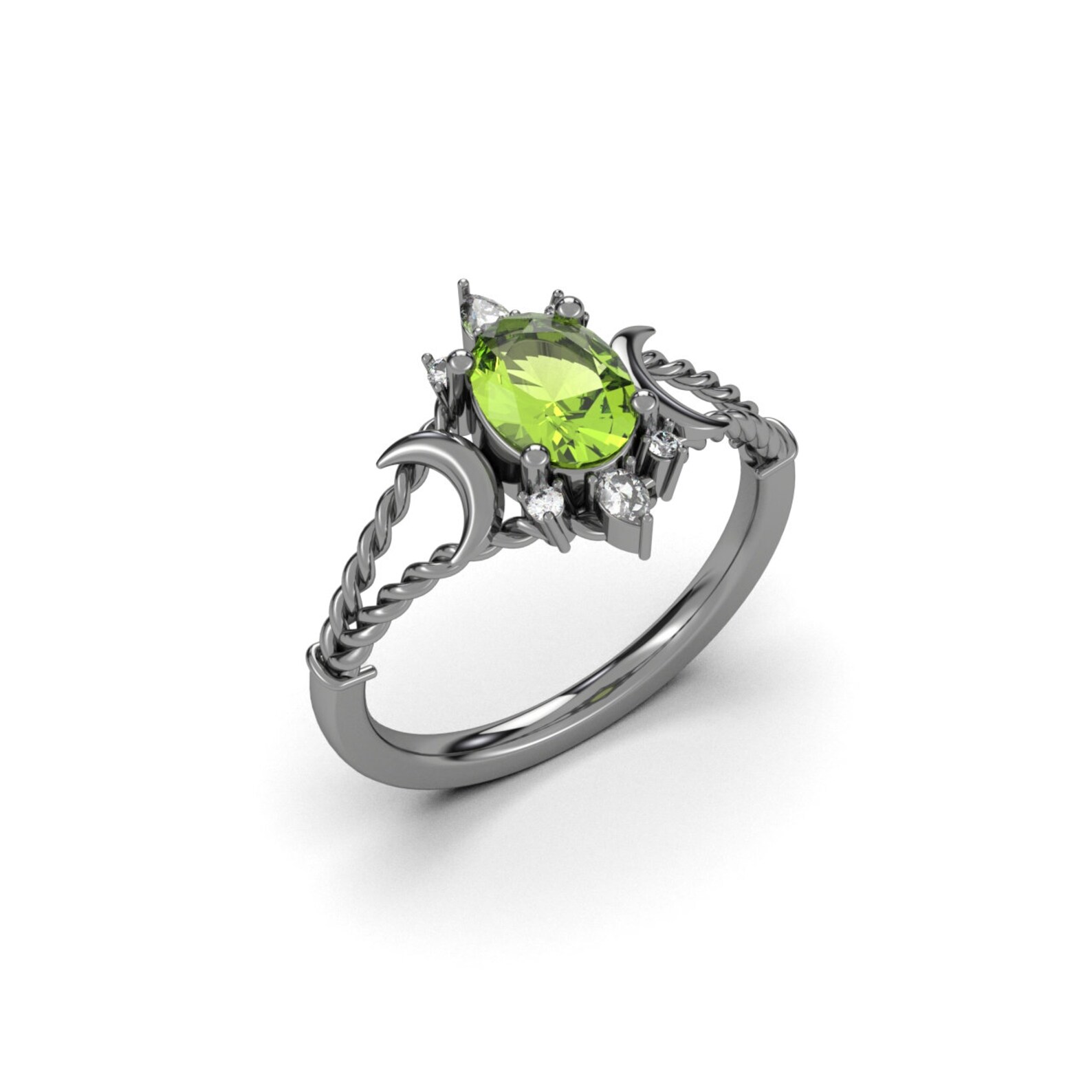 Magical Ring, Peridot Engagement Ring, Triple Moon Ring, Silver Gothic ...