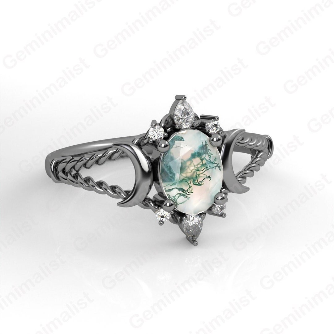Moon of My Life Ring, Moss Agate Moon Engagement Ring, Triple Goddess ...
