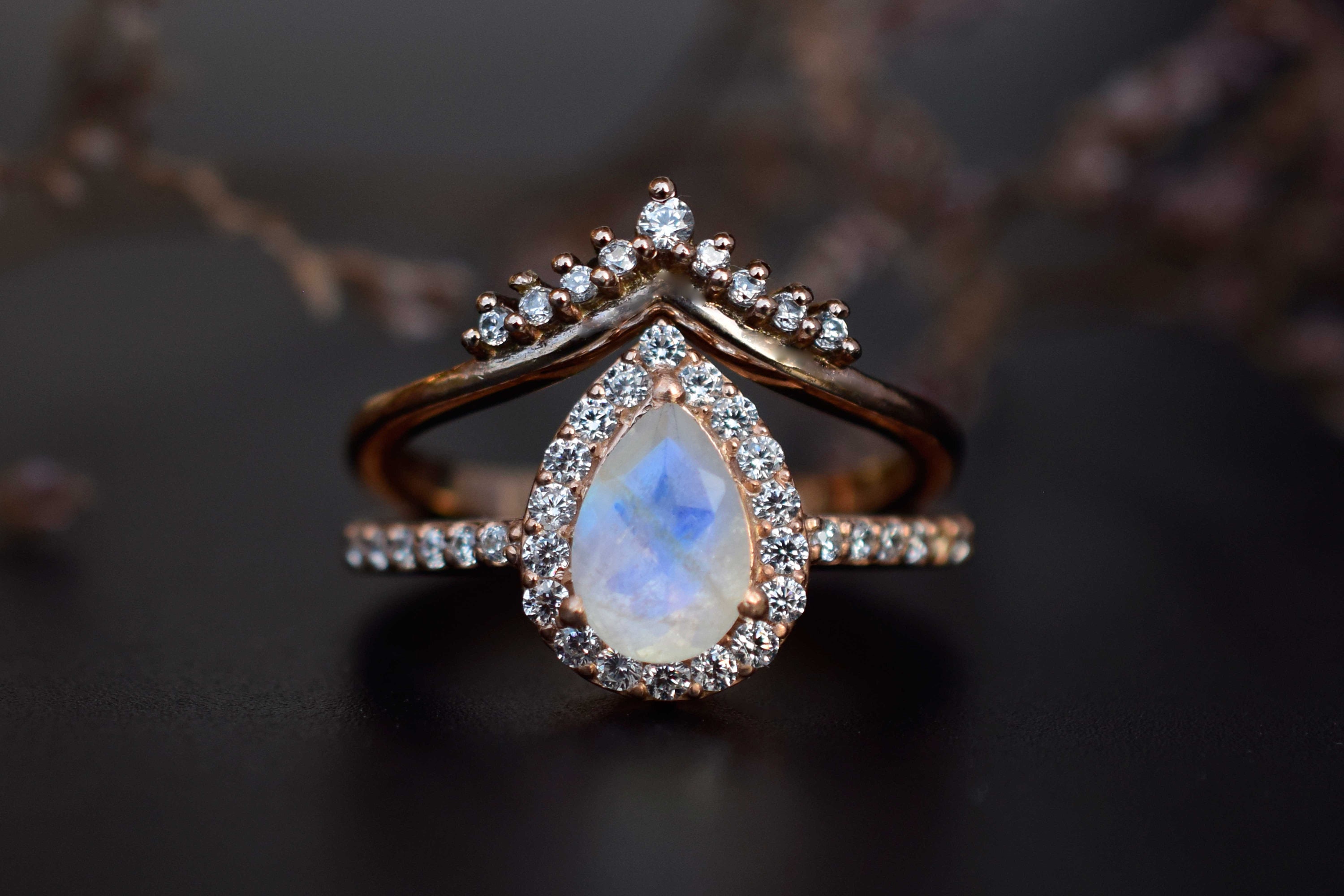 Moonstone Engagement Ring Set Pear Shaped 14k Gold Moonstone | Etsy