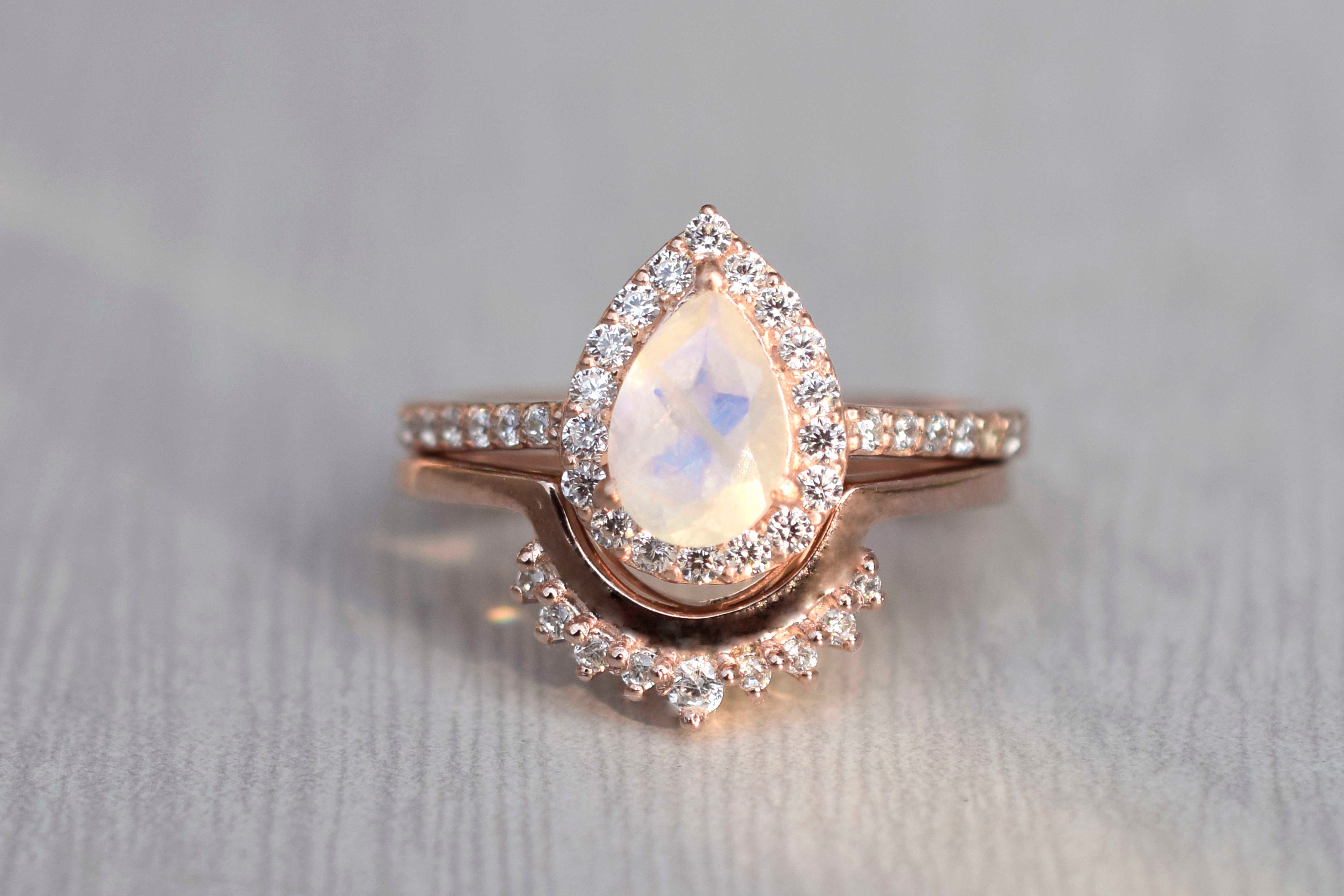 Vintage Moonstone Teardrop Stack Wedding Ring Set June | Etsy