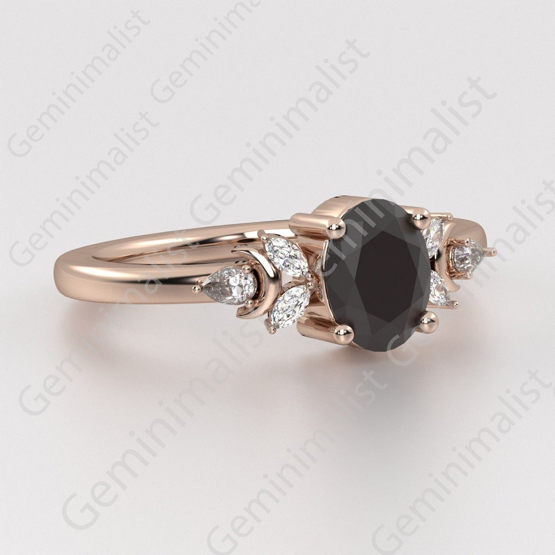 Black Onyx Triple Moon Cosmos Engagement Ring, 14k Rose Gold Black ...