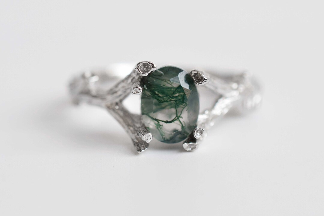 Twig and Leaf Engagement Ring, Moss Agate Twig Ring, Moss Agate ...
