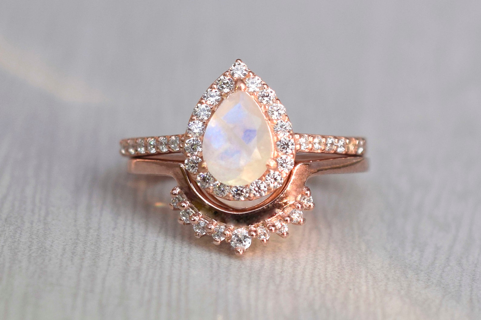 Vintage Moonstone Teardrop Stack Wedding Ring Set June | Etsy