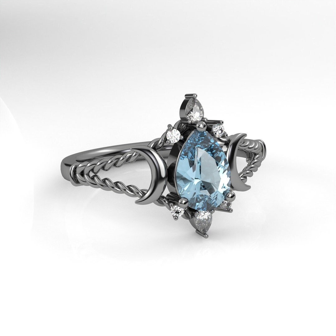 Moon of My Life Engagement Ring, Aquamarine Pear Wedding Ring, Triple ...