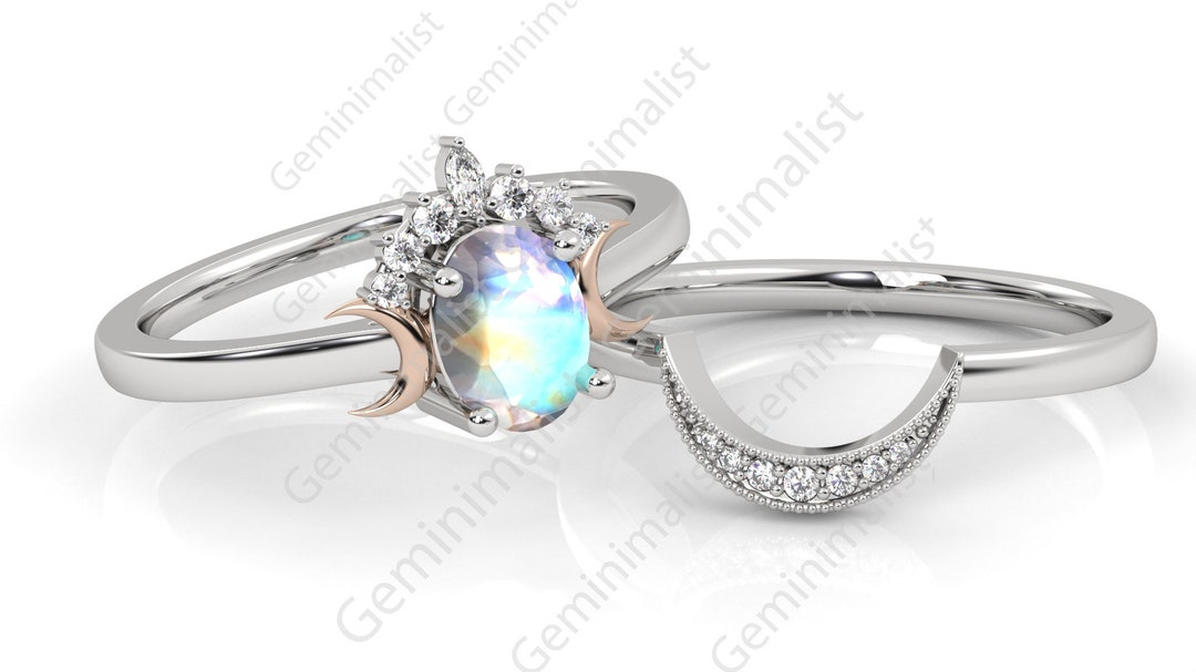 Moonstone Cosmos Moon and Star Ring Boho Celestial Engagement Ring Set ...