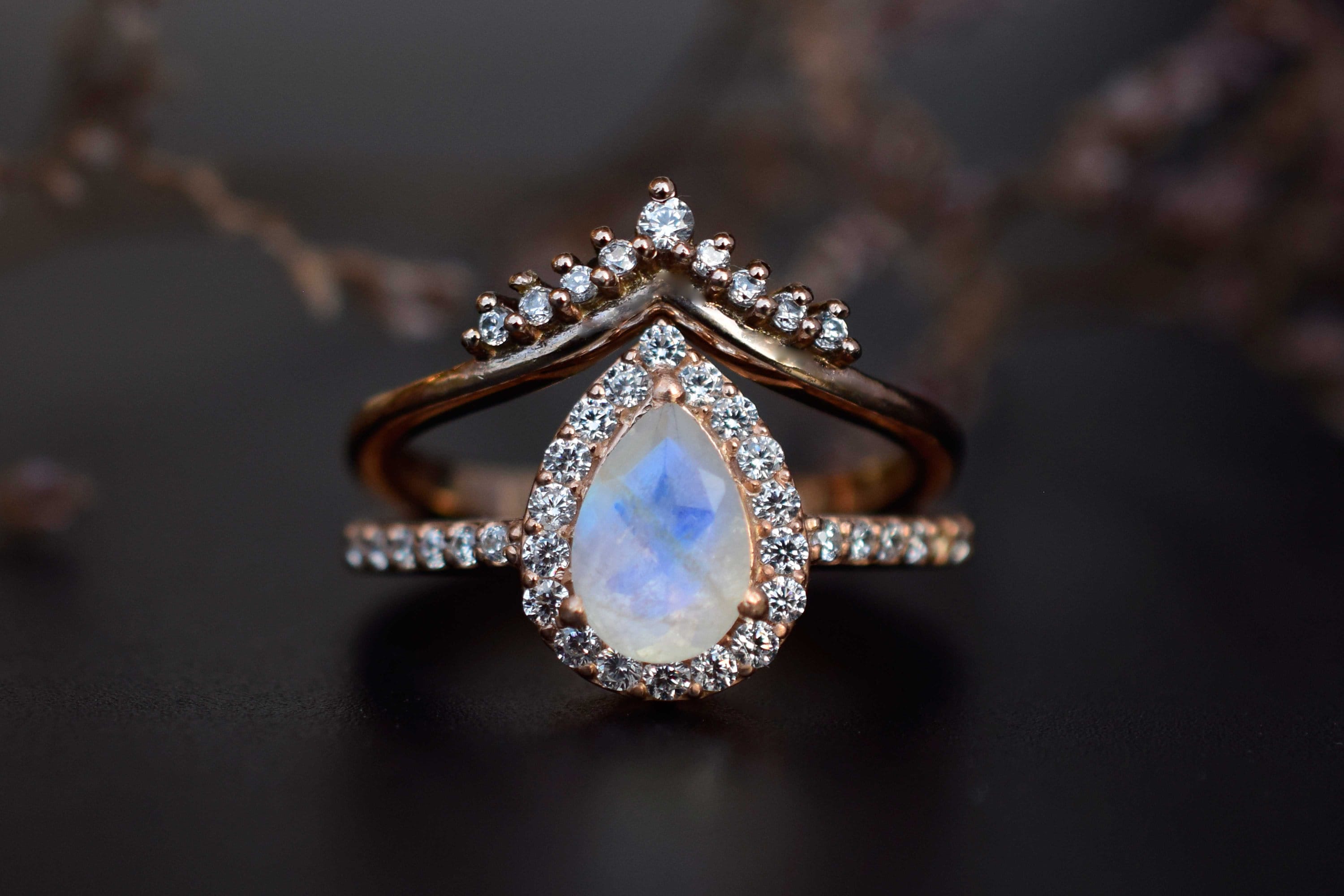 Moonstone Engagement Ring Set Pear Shaped 14k Gold Moonstone | Etsy