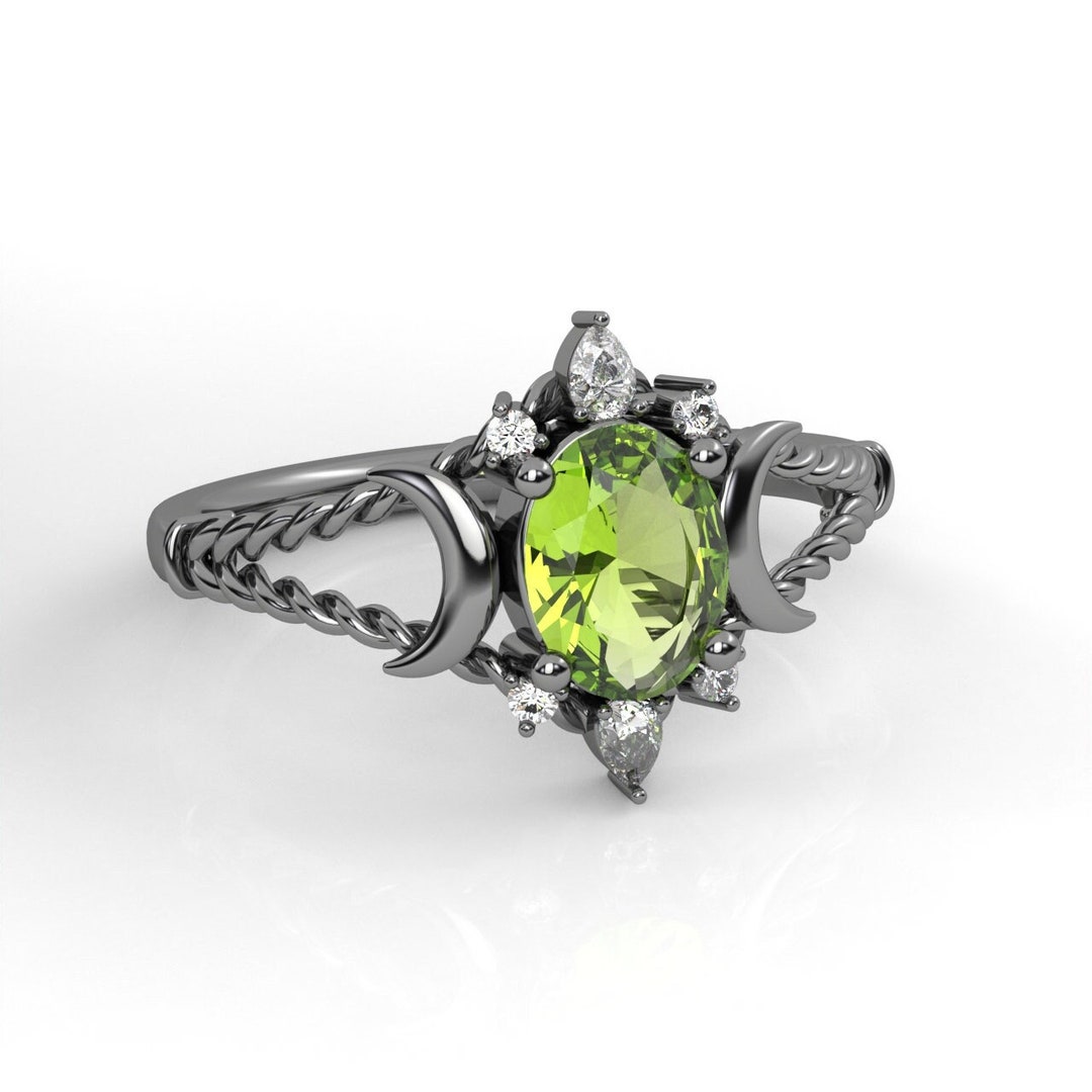 Magical Ring, Peridot Engagement Ring, Triple Moon Ring, Silver Gothic ...