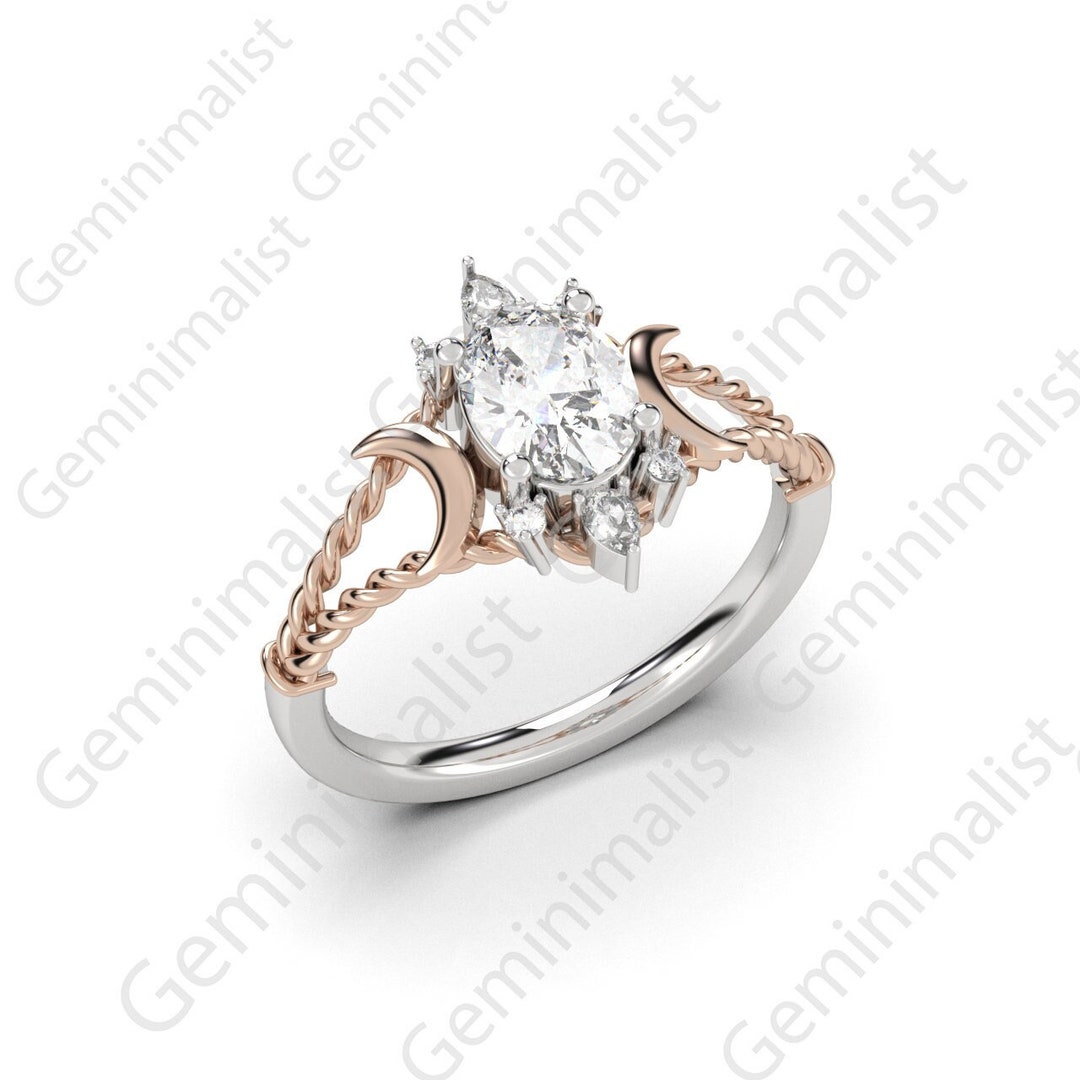 Dainty Triple Moon Ring, Moissanite Oval Engagement Ring, Gothic ...