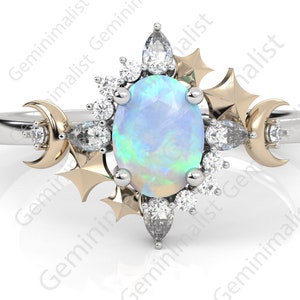 Opal Engagement Ring, Triple Moon Ring, Witchy Wedding Ring, Celestial Ring, Australian Opal ...