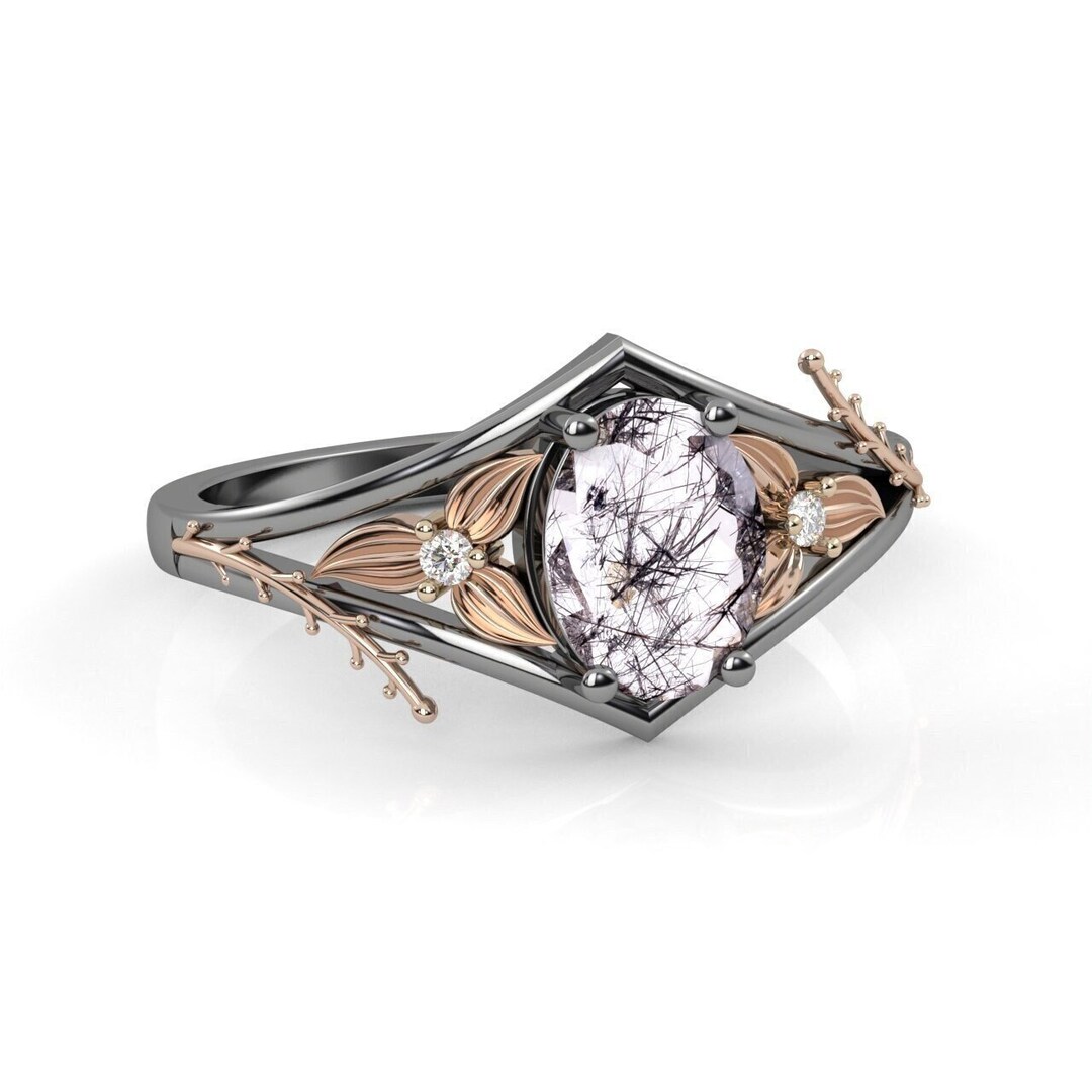 Black Rutilated Quartz Engagement Ring Women Sterling Silver, Twig ...
