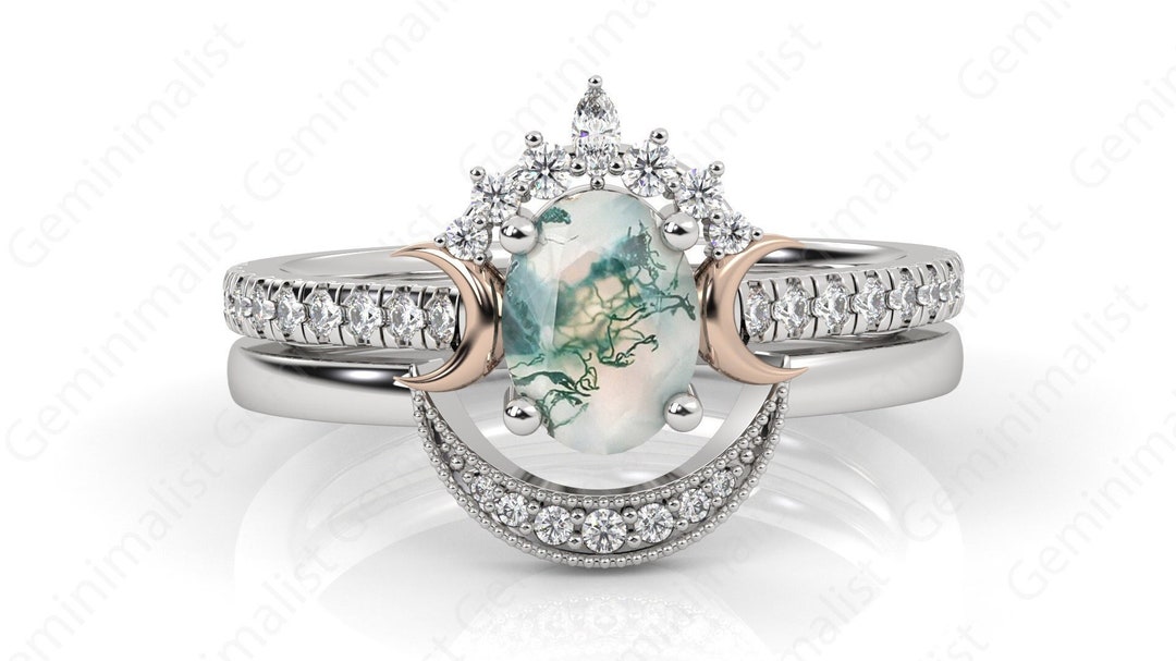 Gothic Moss Agate Engagement Ring Set, Moon of My Life Ring, Moss Agate ...