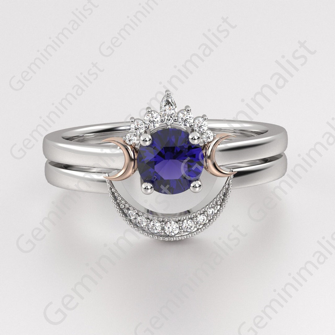 Iolite Ring Engagement Ring Set, Triple Moon Wedding Ring Set Witch ...