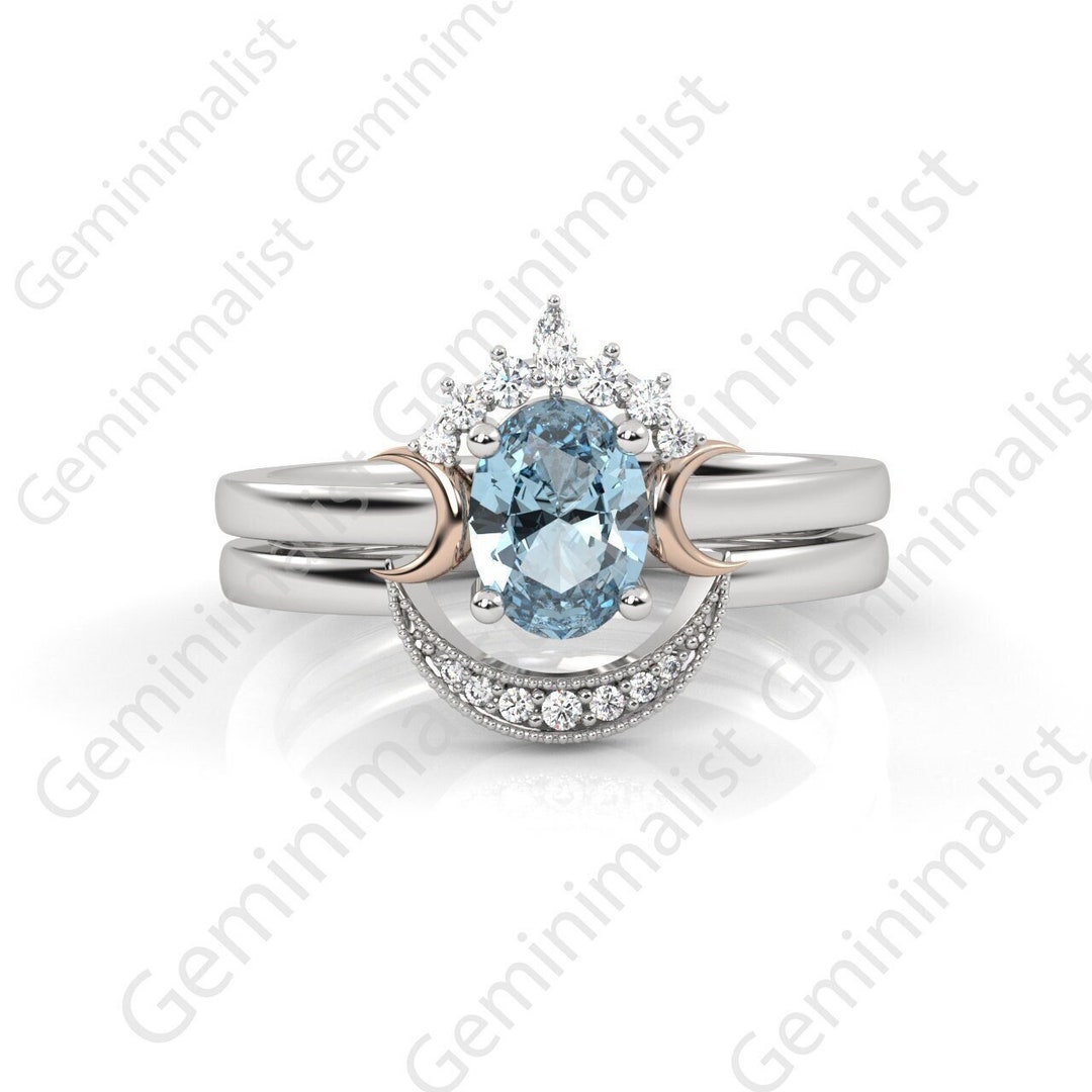 Vintage Aquamarine Moon Engagement Ring Set, Triple Goddess Ring, Pagan ...