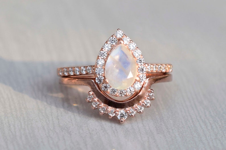 Vintage Moonstone Teardrop Stack Wedding Ring Set June | Etsy