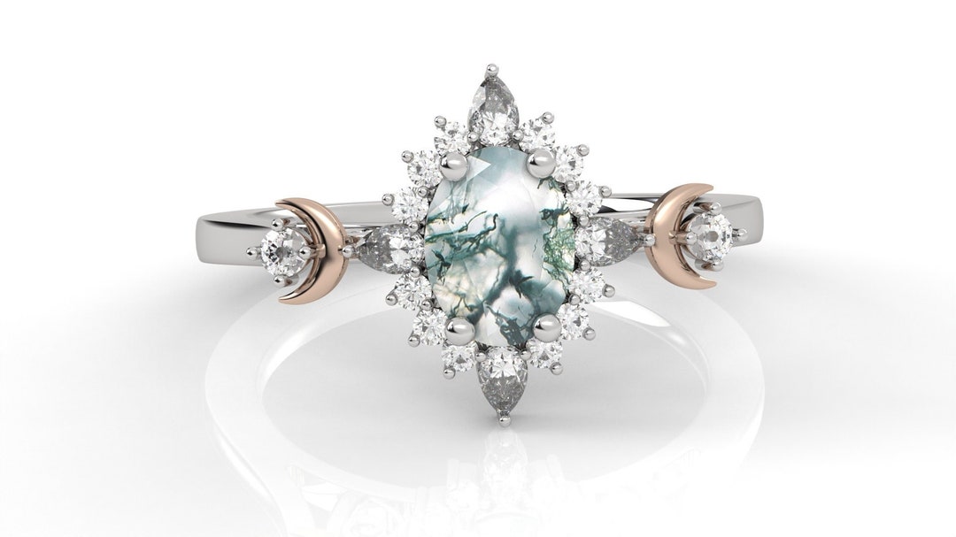 Natural Moss Agate Oval Engagement Ring, Witch Engagement Ring, Triple ...