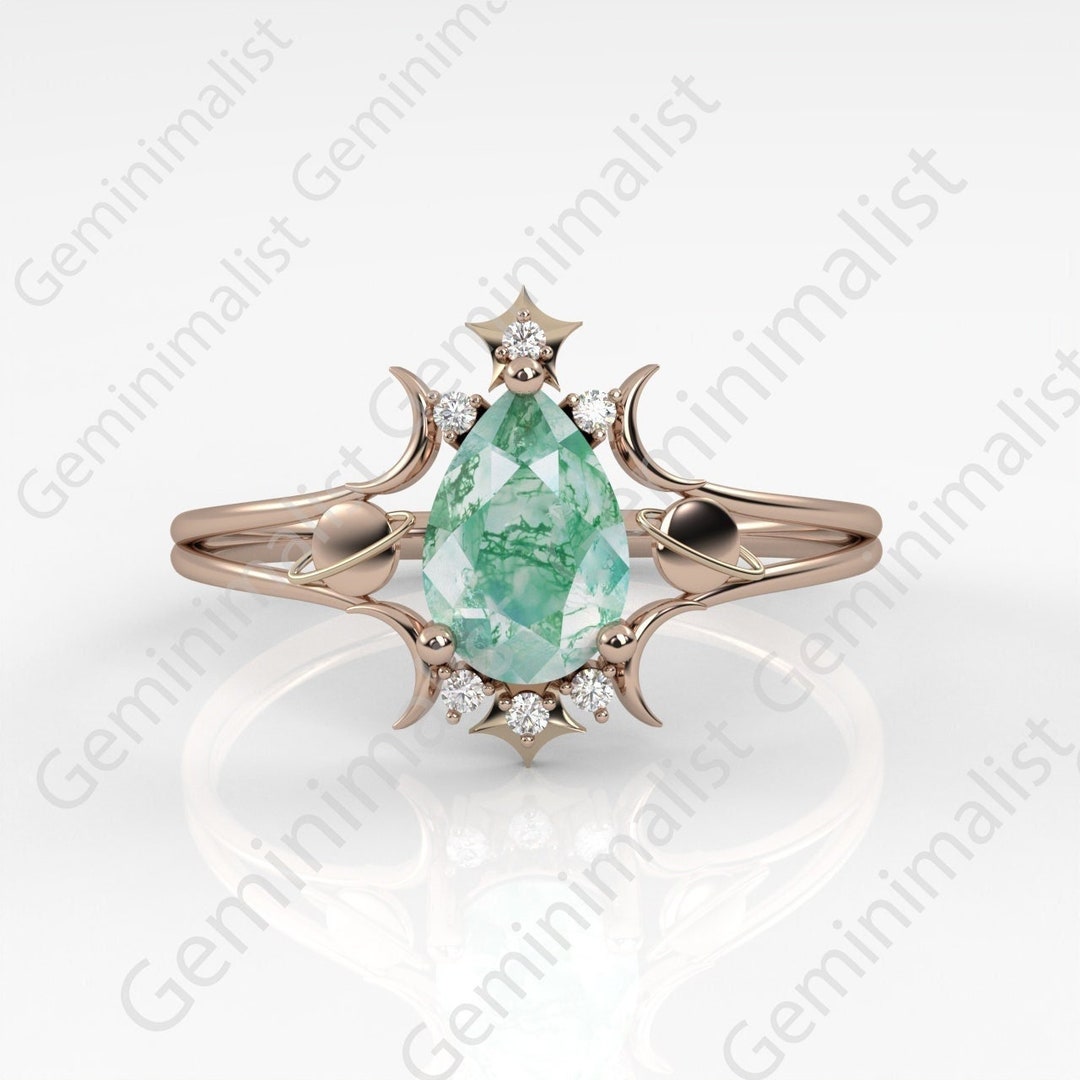 Moss Agate Engagement Ring, Triple Moon Ring, Green Moss Gate Wedding ...