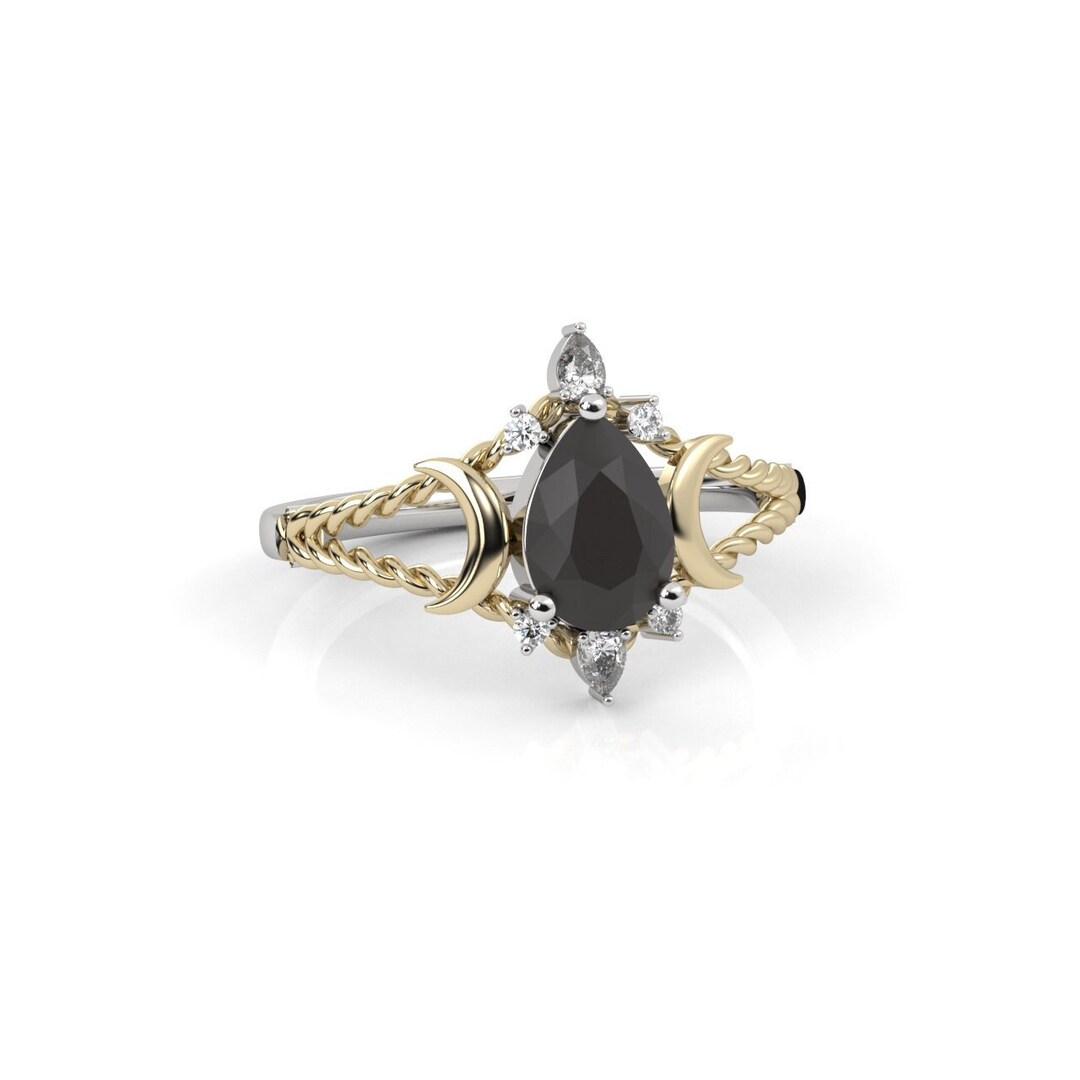 Vintage Black Onyx Engagement Ring Raven Ring Women, Moon Phases Ring ...