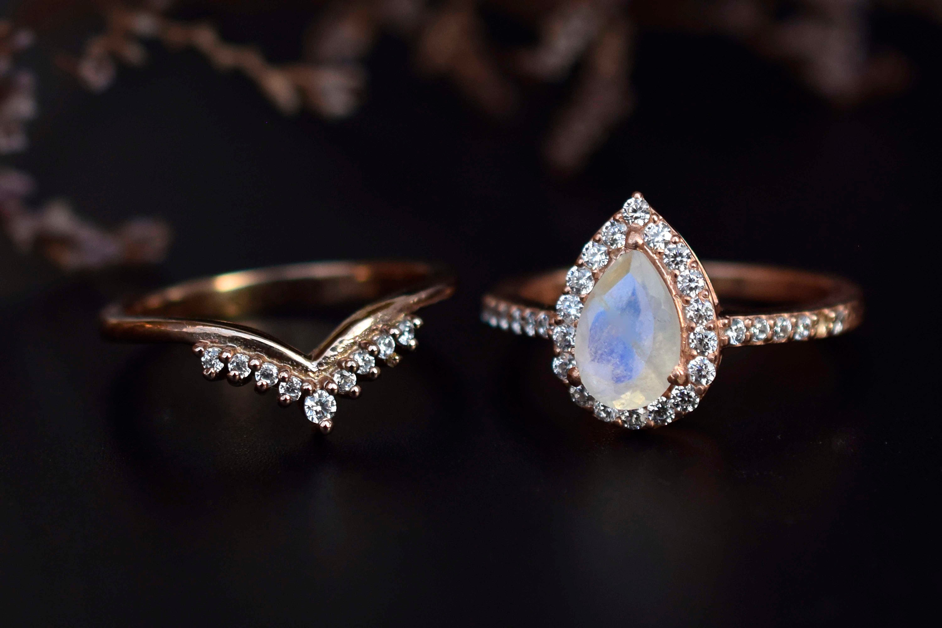 Moonstone Engagement Ring Set Pear Shaped 14k Gold Moonstone | Etsy