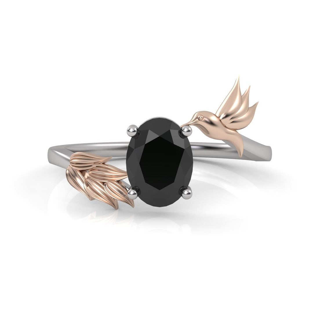 Art Deco Black Onyx Engagement Ring, Hummingbird in Flight Silver Ring ...