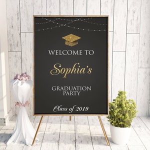 Graduation Welcome Sign, Black and Gold Printable Sign, Graduation ...