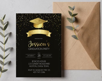 Graduation Party Invitation, Grad Invites, Black and Gold Graduation ...