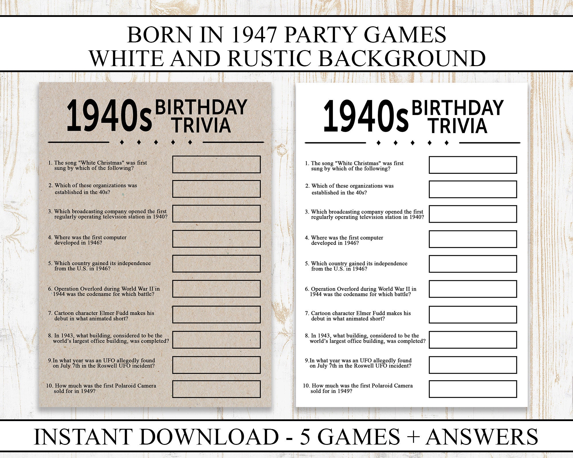 75th Birthday Party Games Printable Born in 1947 1940s Game - Etsy