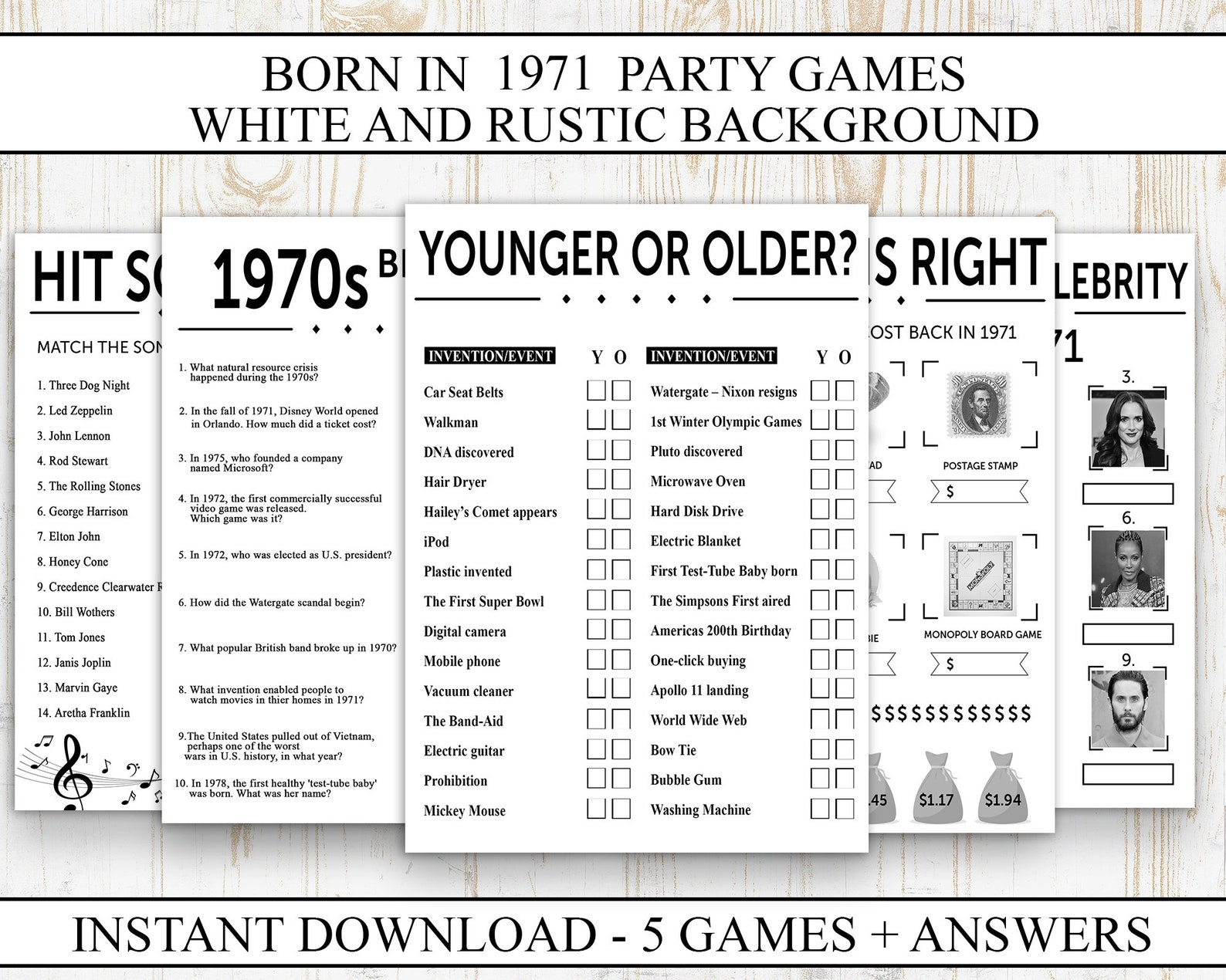 50th Birthday Party Games Printable Born in 1971 1970s Game | Etsy