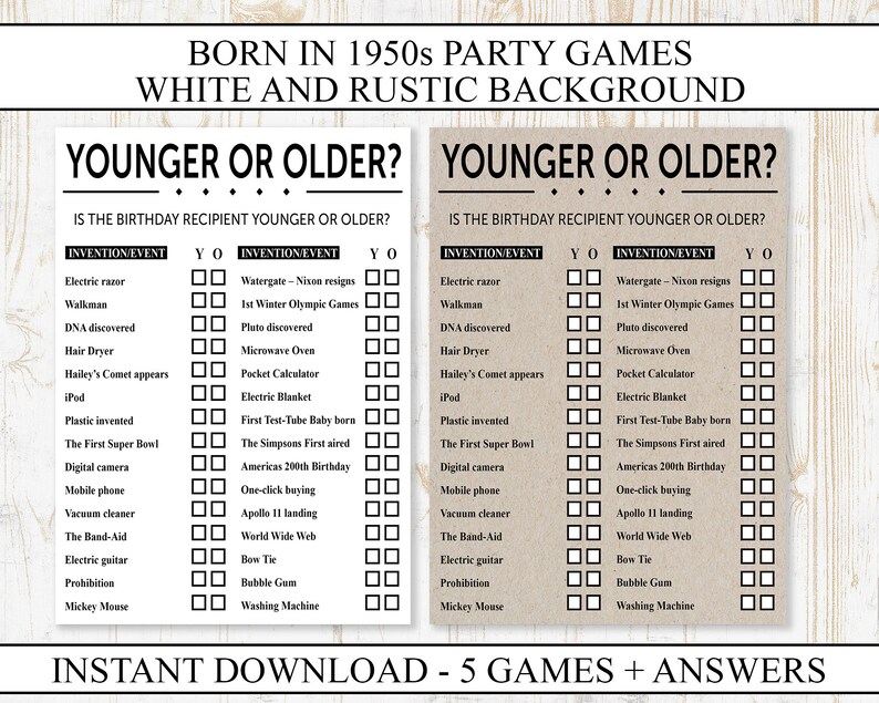 70th Birthday Party Games Printable Born In 1952 1950s Game Etsy