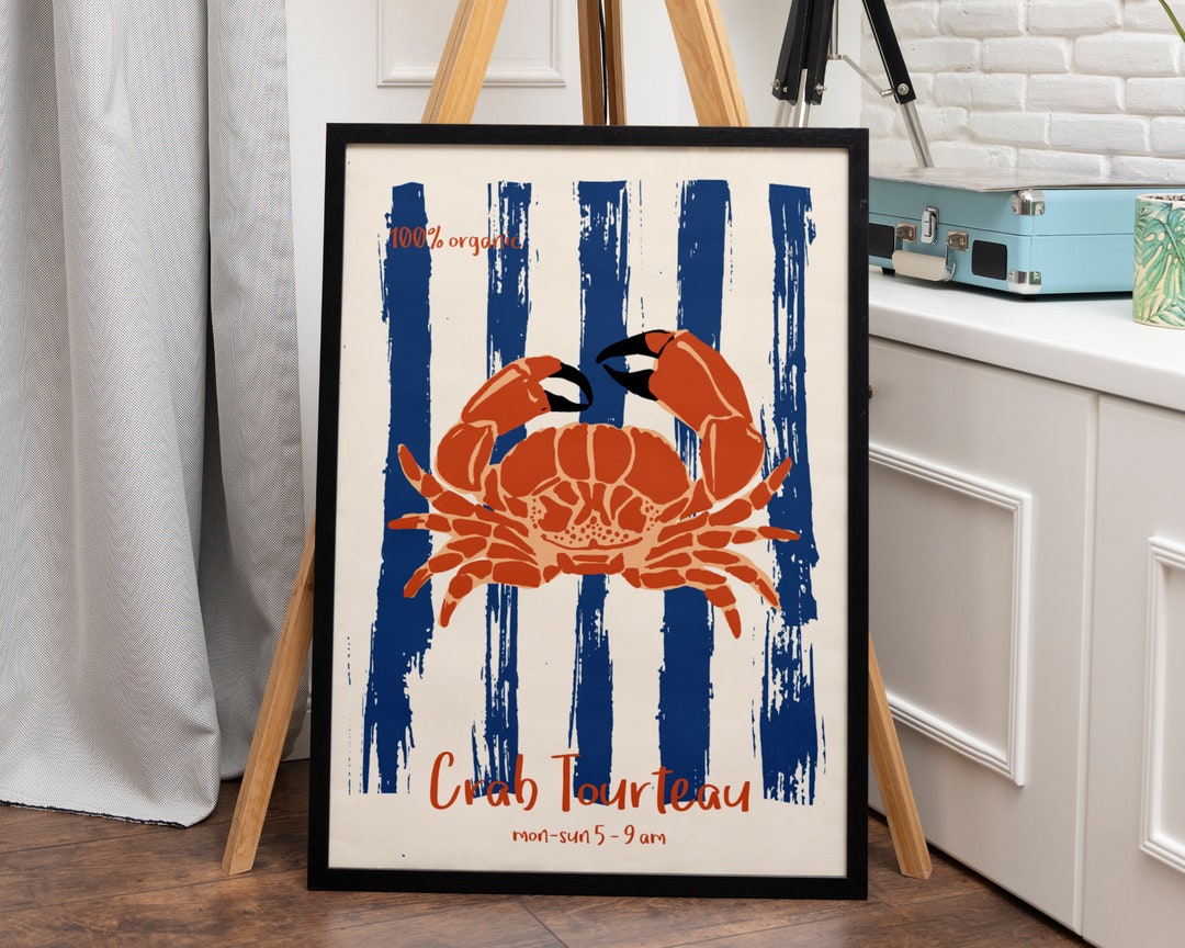 French Crab Retro Print, Aesthetic Printable Poster, Seafood Wall Art ...