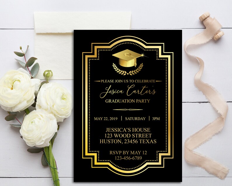 Graduation Party Invitation Grad Invites Black and Gold | Etsy