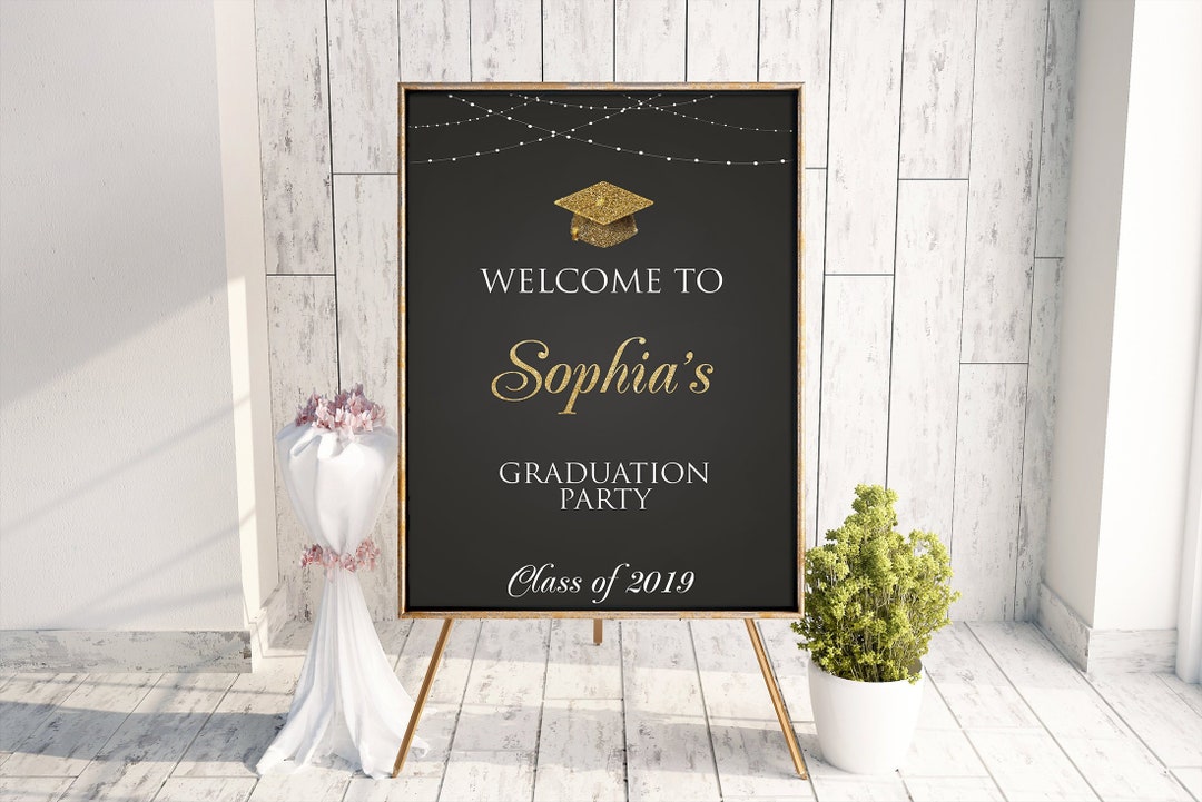 Graduation Welcome Sign, Black and Gold Printable Sign, Graduation ...