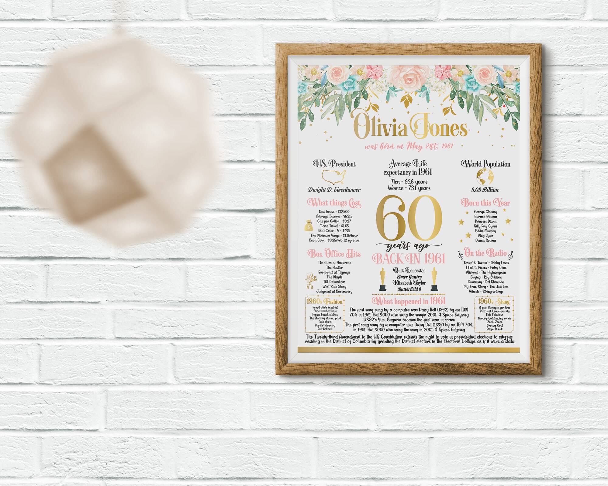 60th Birthday Poster Printable 60 Birthday Board 1961 | Etsy