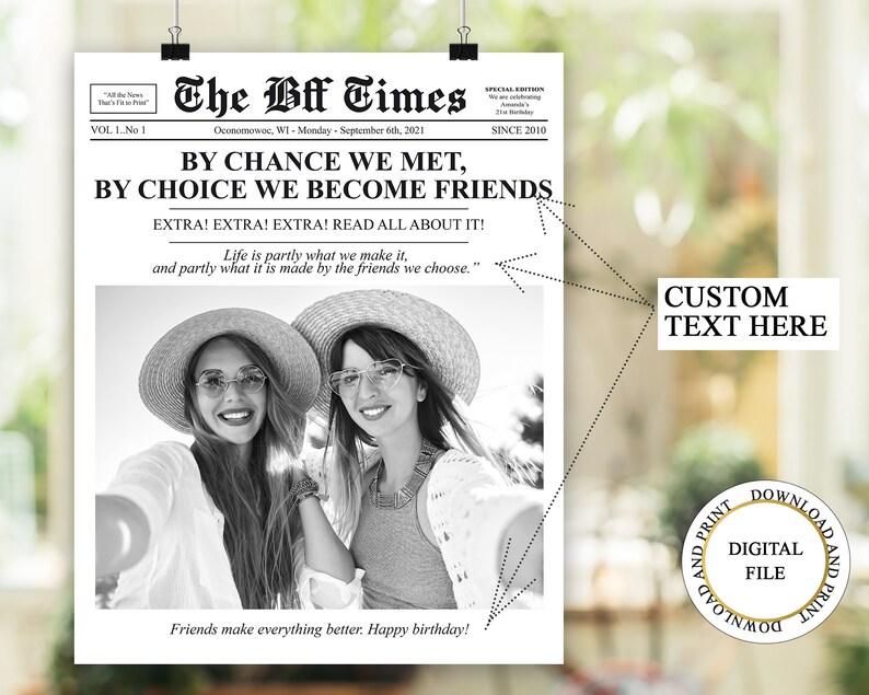 Personalized Newspaper Birthday Poster With Photo, Printable BFF ...
