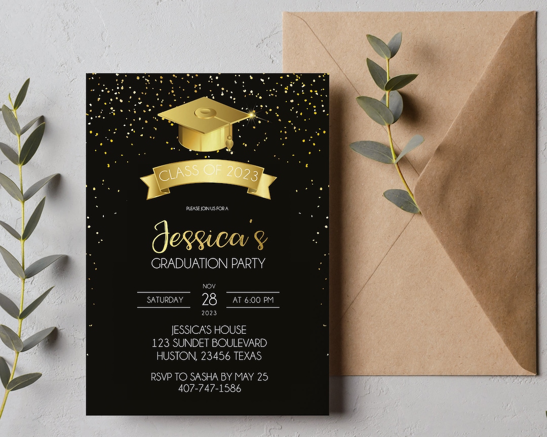 Graduation Party Invitation Grad Invites Black and Gold - Etsy