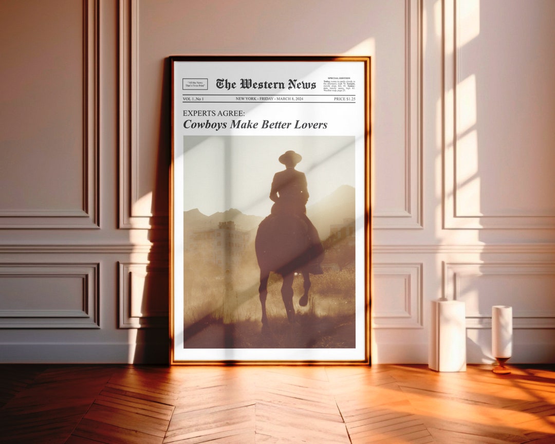 Vintage Cowboy Wall Art Newspaper Print, Trendy Newspapers Print, Girl ...