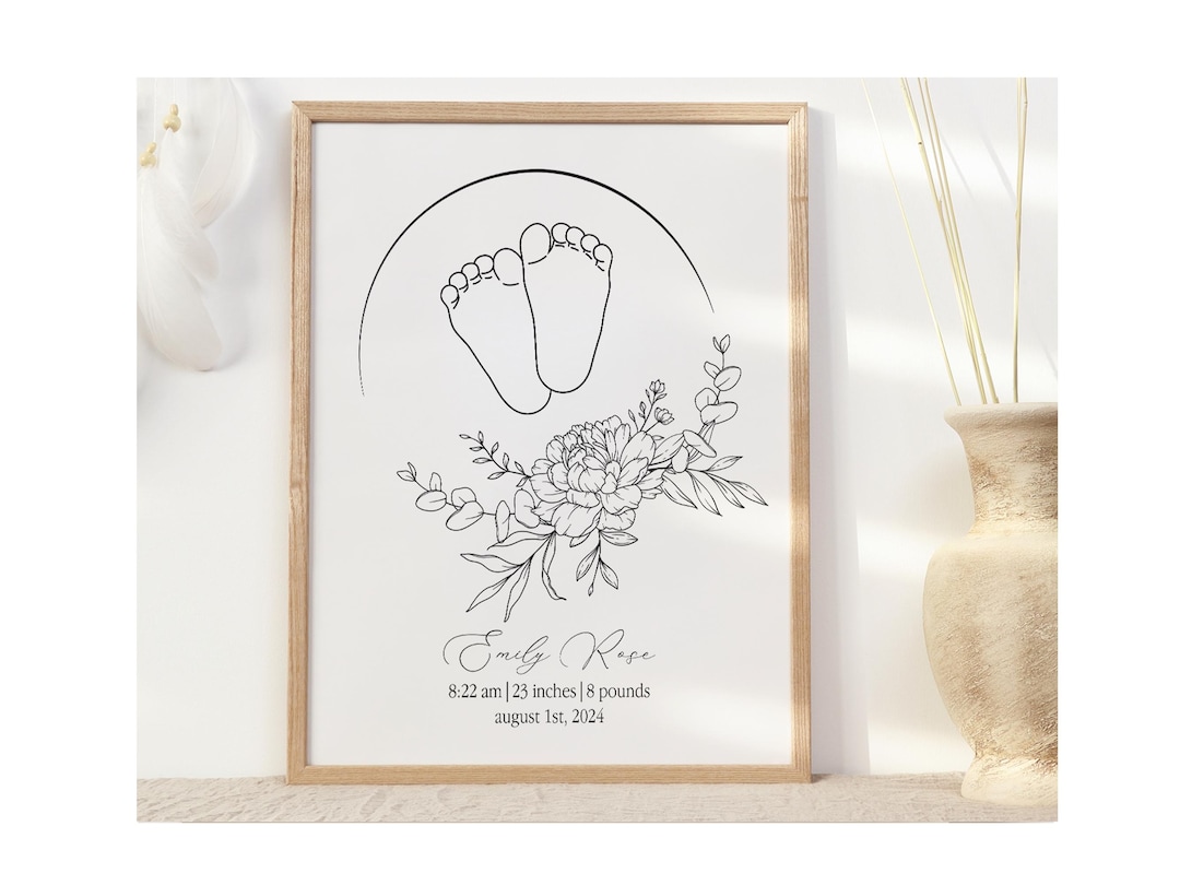Custom Birth Line Art Poster, Personalized Baby Feet Print, Minimalist ...