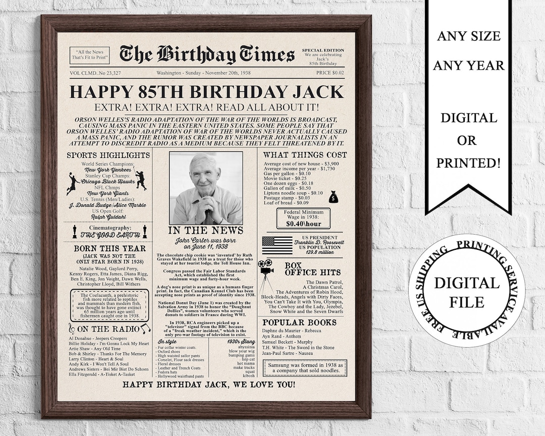 Personalized Newspaper Birthday Poster With Photo Printable - Etsy