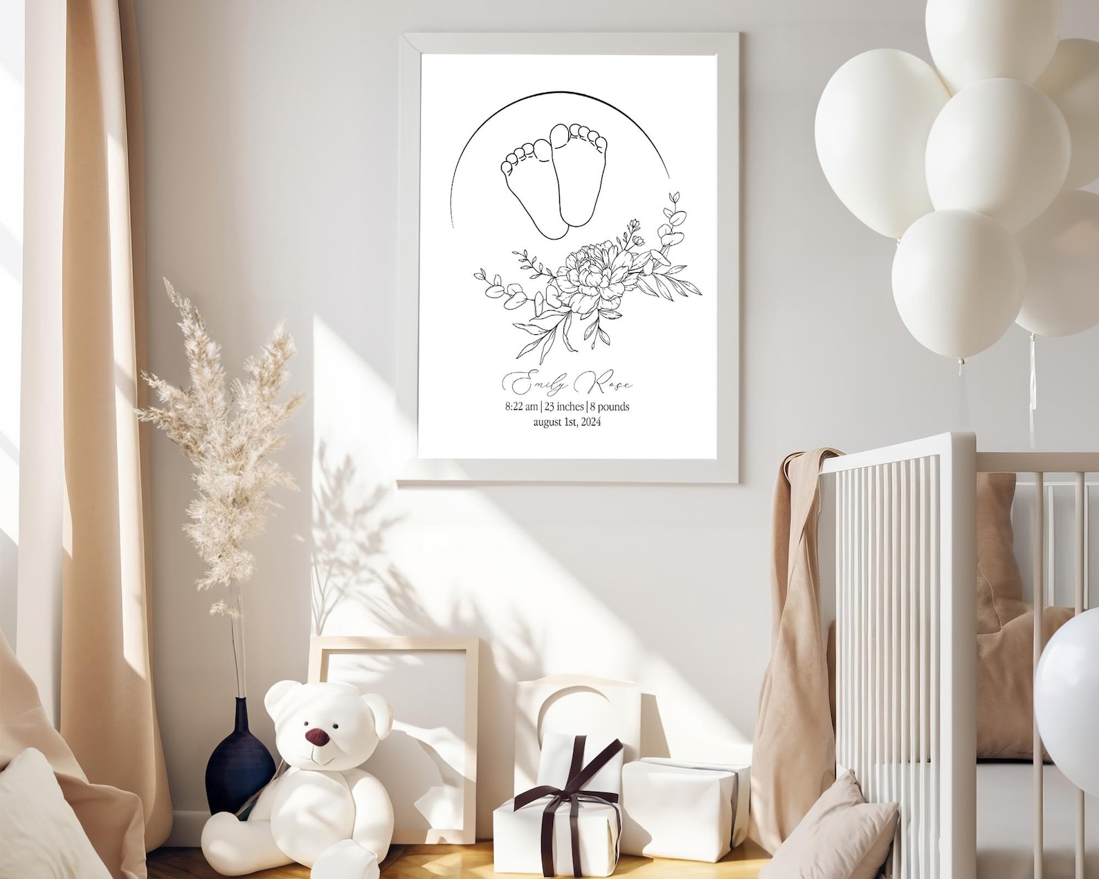 Custom Birth Line Art Poster, Personalized Baby Feet Print, Minimalist ...
