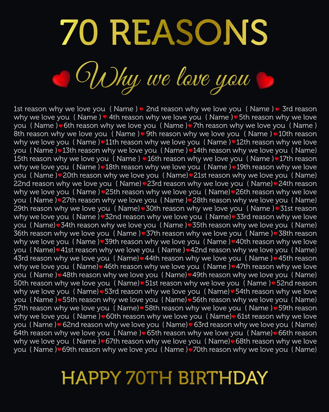 70 Reasons Why We Love You 70 Birthday Poster 70 Years Ago - Etsy
