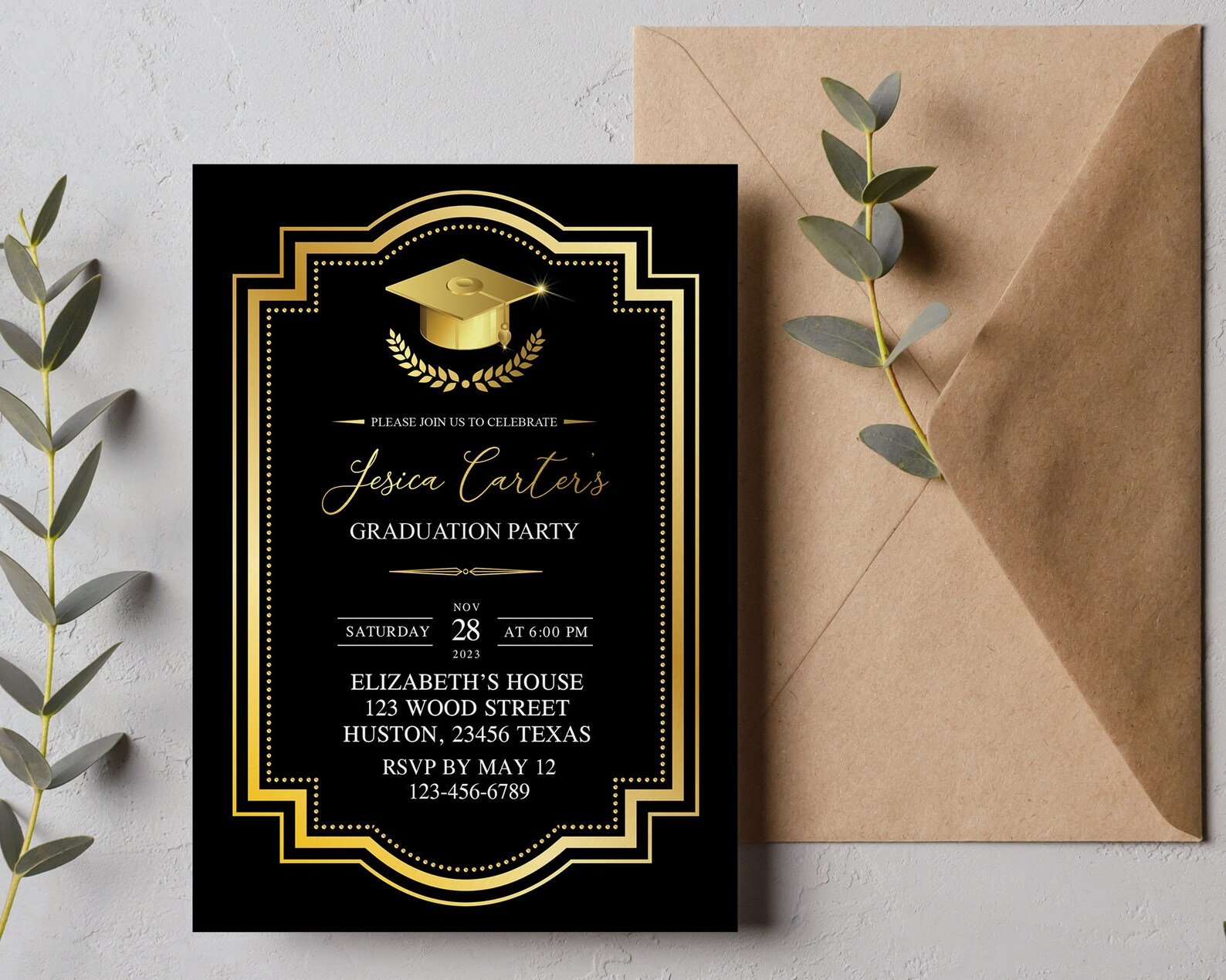 Graduation Party Invitation, Grad Invites, Black and Gold Graduation ...