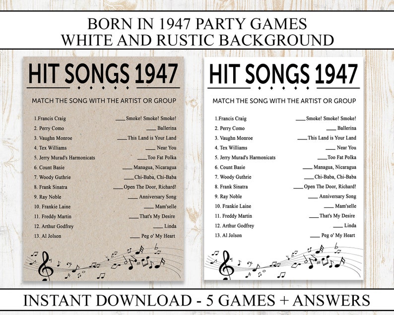 75th Birthday Party Games Printable Born in 1947 1940s Game - Etsy