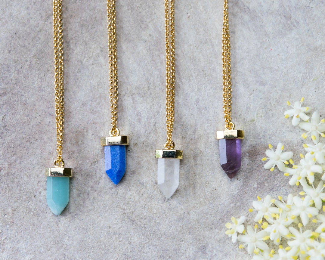 Dainty Gemstone Pendulum Necklace: Gold Layered Crystal Choker - Etsy