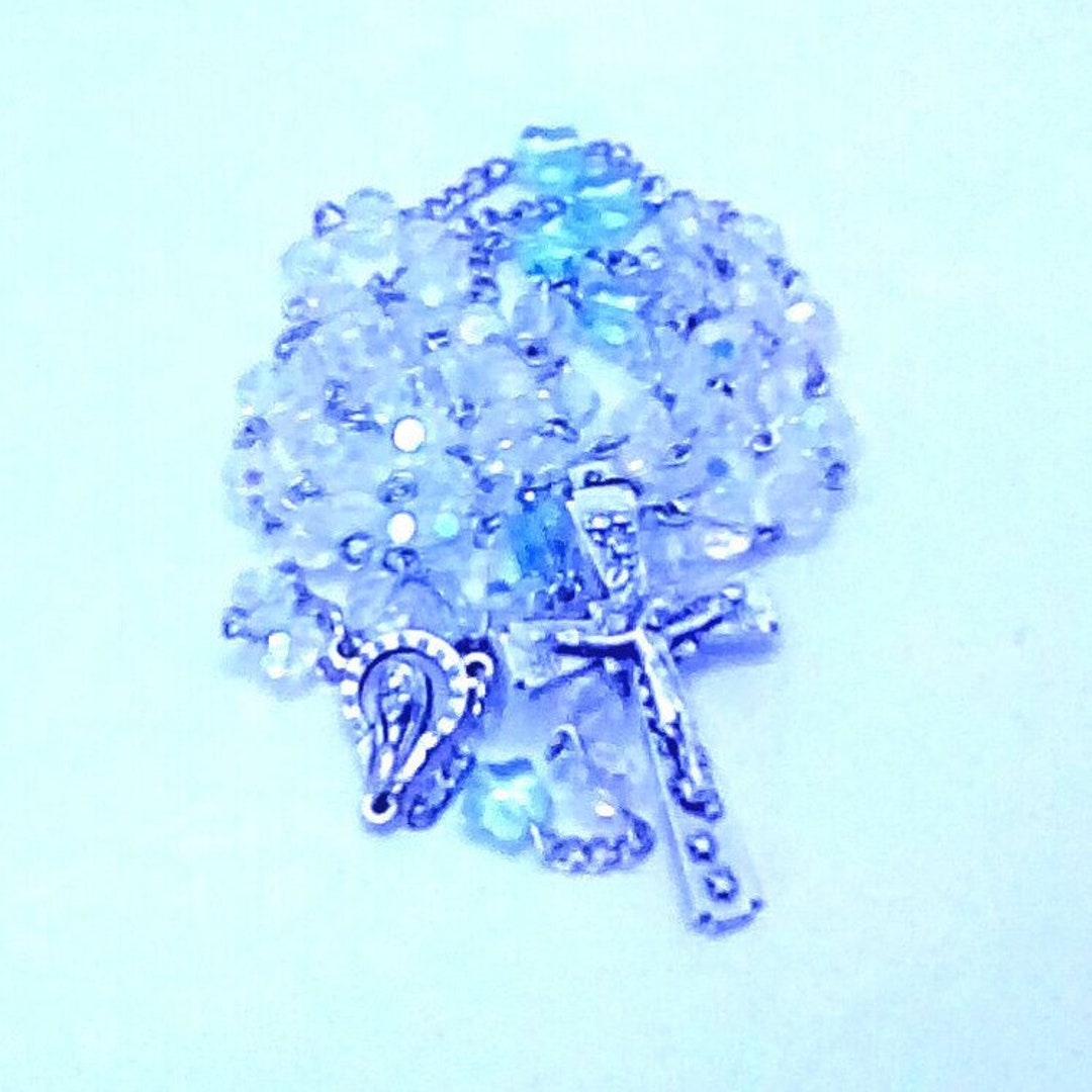 AB Clear Faceted Crystal and Aqua Blue Star Beads Silver Rosary ...