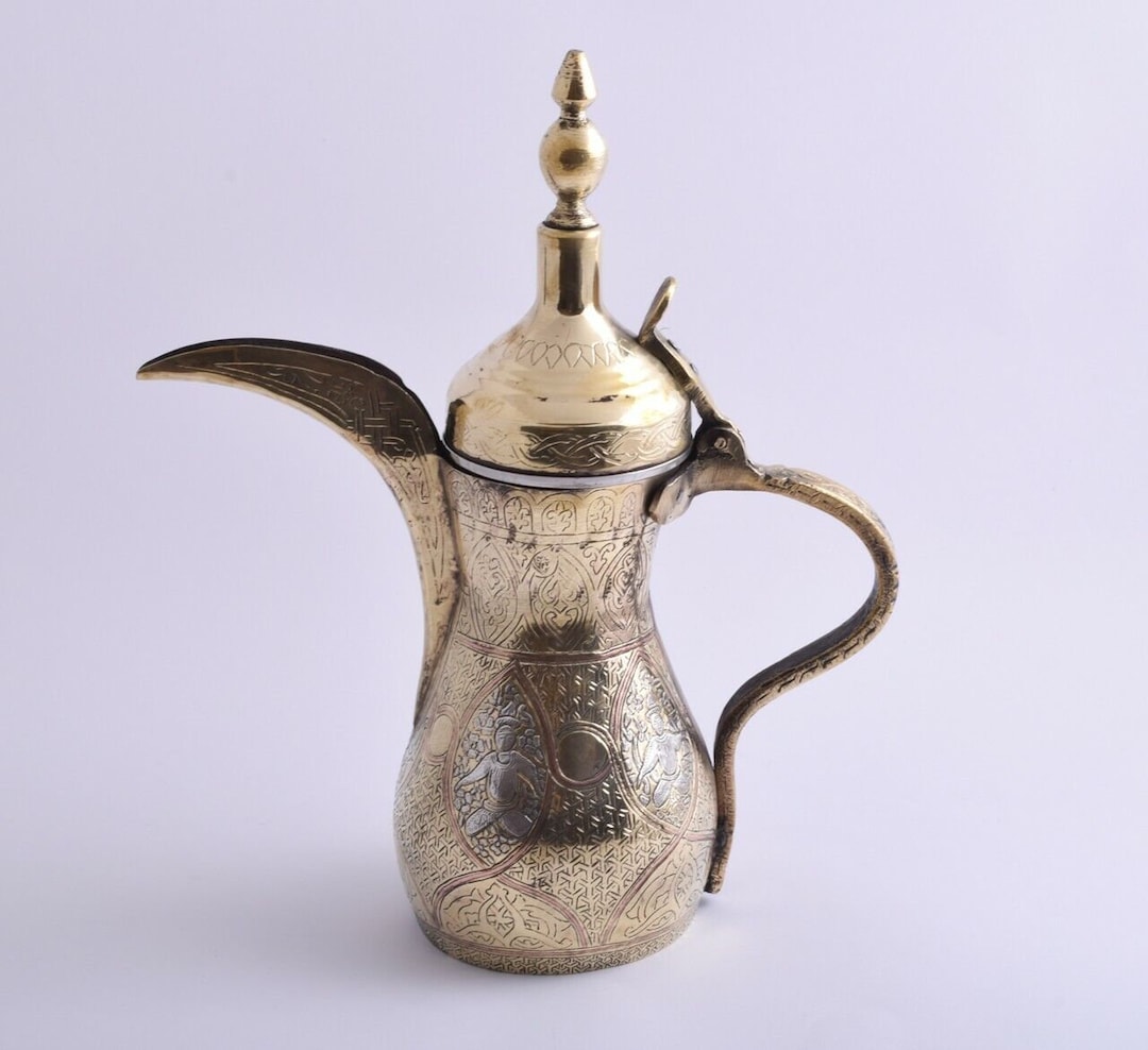 Vintage Arabian Coffee Pot Dallah, Islamic Persian Silver Inlaid Brass ...