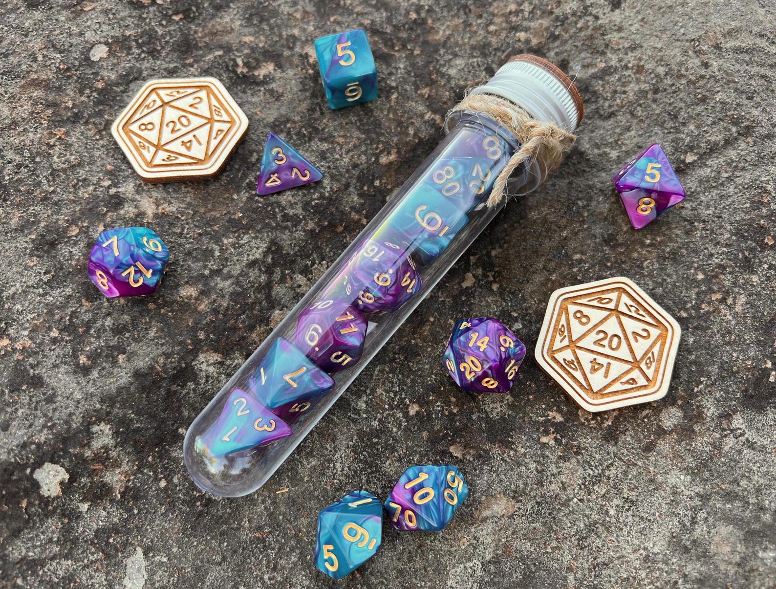 Dnd 7 Dice Set in Potion Flask, "supernova" Turquoise Purple Gold D&D ...