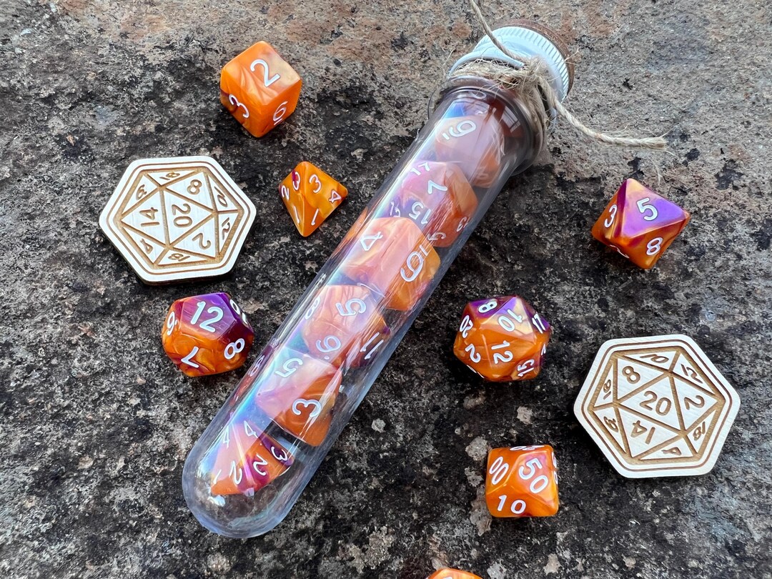 Dnd 7 Dice Set in Potion Flask, "dragon Flame" Orange Rurple D&D ...